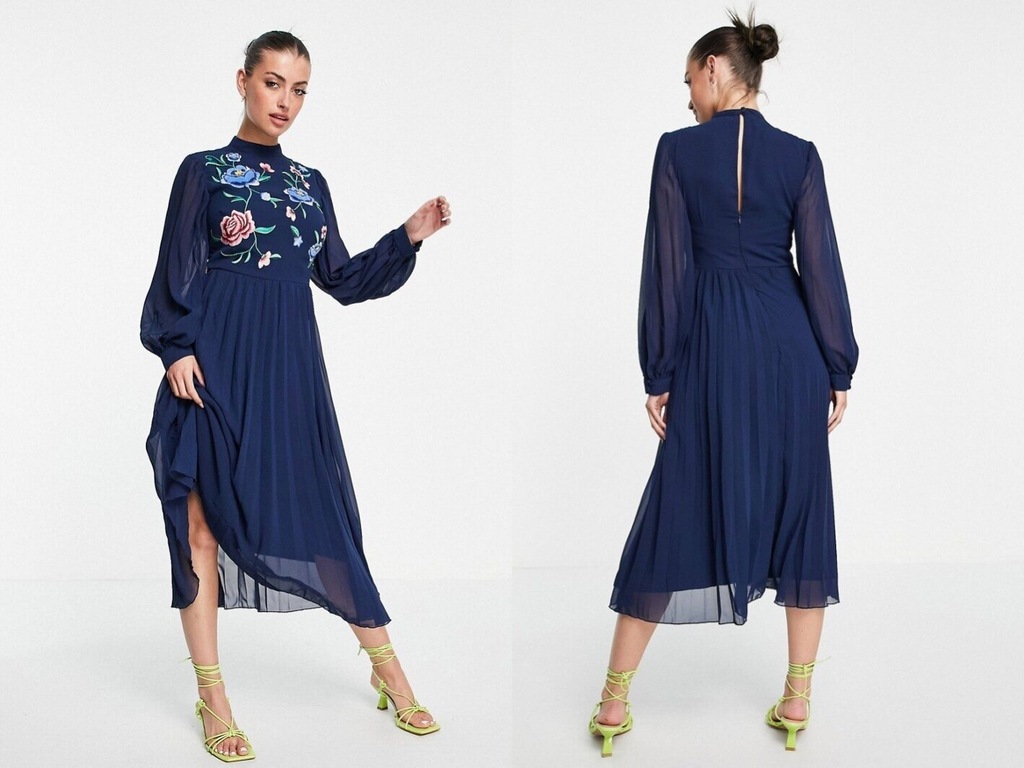 DESIGN Granatowa plisowana sukienka midi XXL - 12436949838 - oficjalne archiwum Allegro