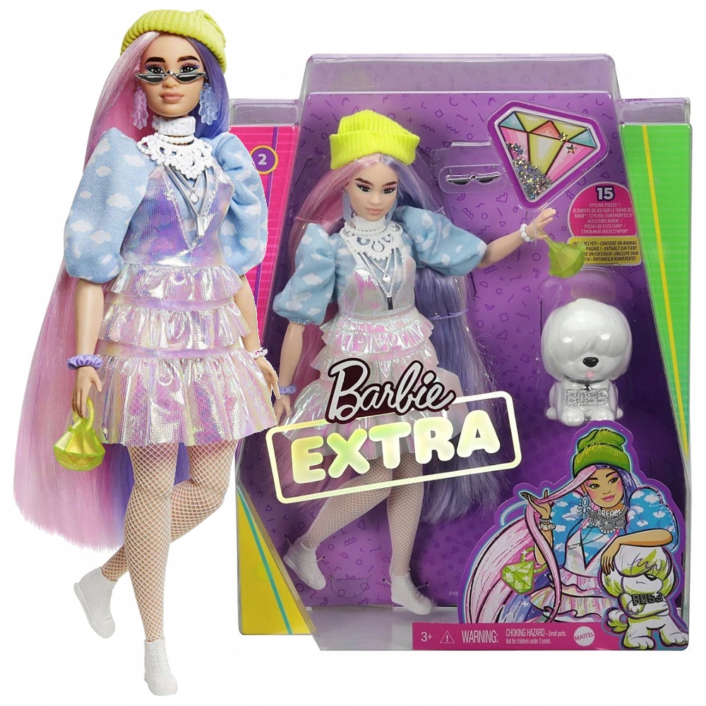 BARBIE EXTRA LALKA HOLOGRAFICZNA SUKIENKA PIESEK - 10680354834 ...
