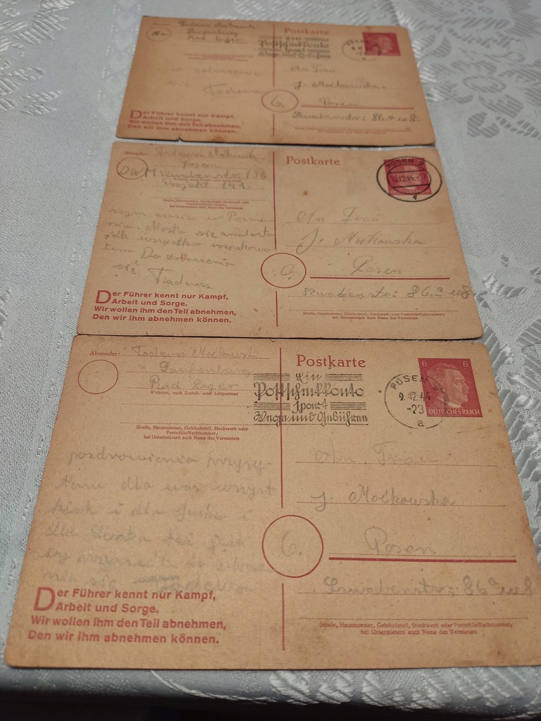 3 Karty Pocztowe Znaczek Hitler adresat POSEN 1944 - 12775635095 ...