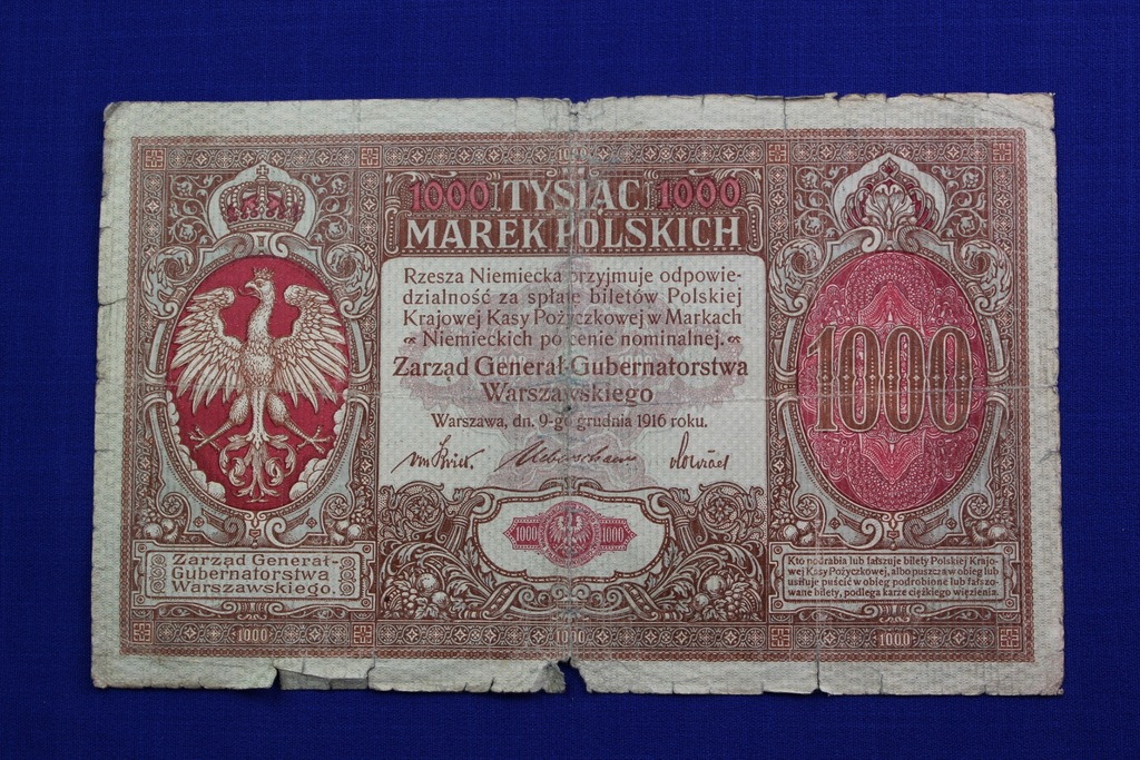 Polski Banknot 1000 MAREK z 1916 roku seria A GENERAŁ GUBERNATORSTWA ...