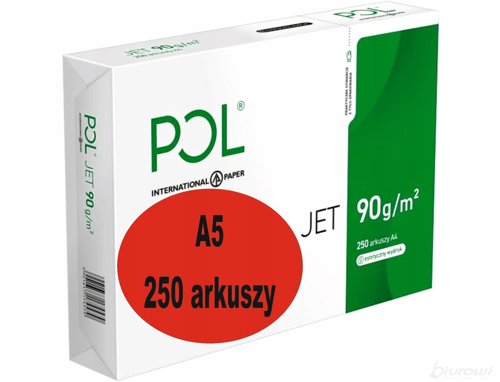 Papier biurowy Poljet 90g 250ark UWAGA format A5 KLASA PREMIUM 166 CIE ...