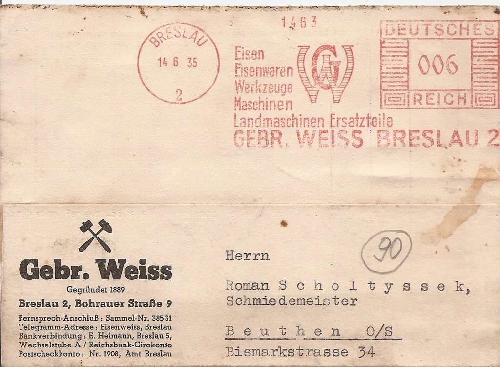 TRZECIA RZESZA -druk GEBR.WEISS BRESLAU -obieg 1935 BYTOM - 16925503013 ...