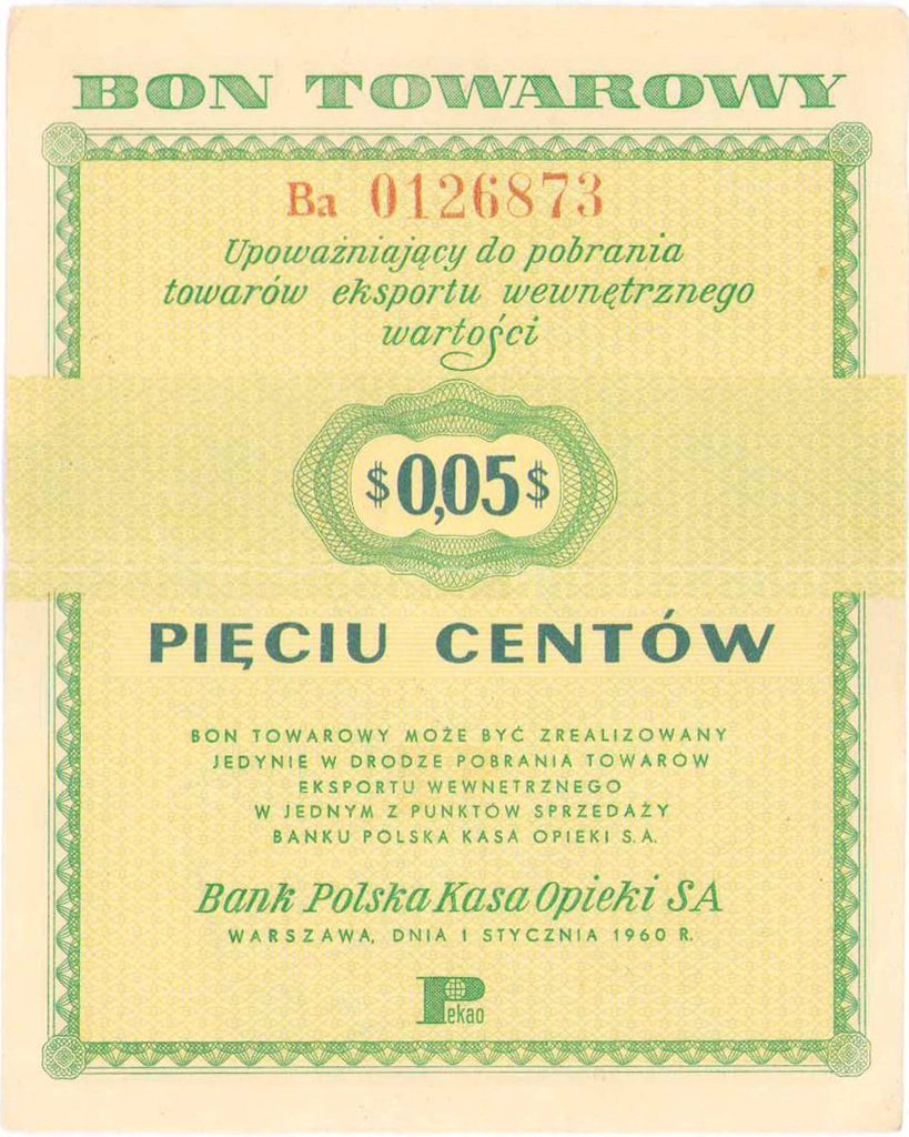 Pewex Bon 5 centów 1960 - Ba -bez klauzuli-RZADSZE - 13433421205 ...