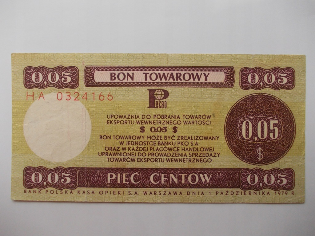 Bon Towarowy 5 centów Pekao (Pewex) z 1979 roku. - 12416866187 ...