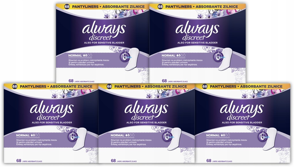 Wkładki Always Discreet 5 opakowań x 68 szt Normal - 9342504669 ...