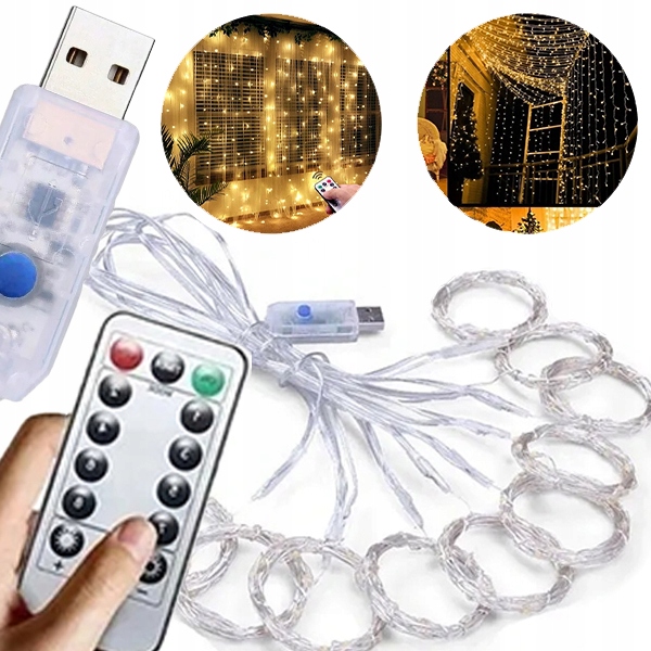 KURTYNA ŚWIETLNA LED DRUCIK LAMPKI SOPLE PILOT USB BIAŁY CIEPŁY 3X3M ...