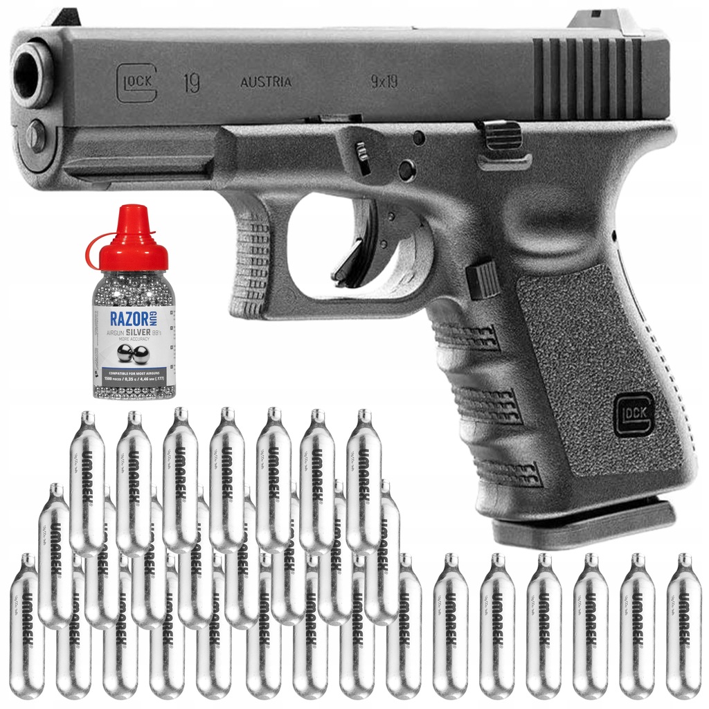GLOCK 19 4,5 mm WIATRÓWKA +1500 BB +30 CO2 ZESTAW - 11479897423 - oficjalne archiwum Allegro