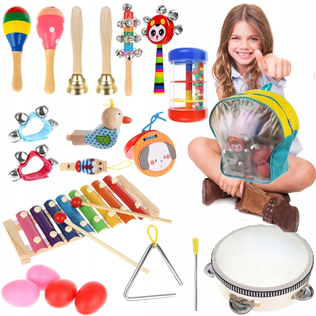 DREWNIANE INSTRUMENTY dla Dzieci + Plecak Cymbałki - 13159687658 ...