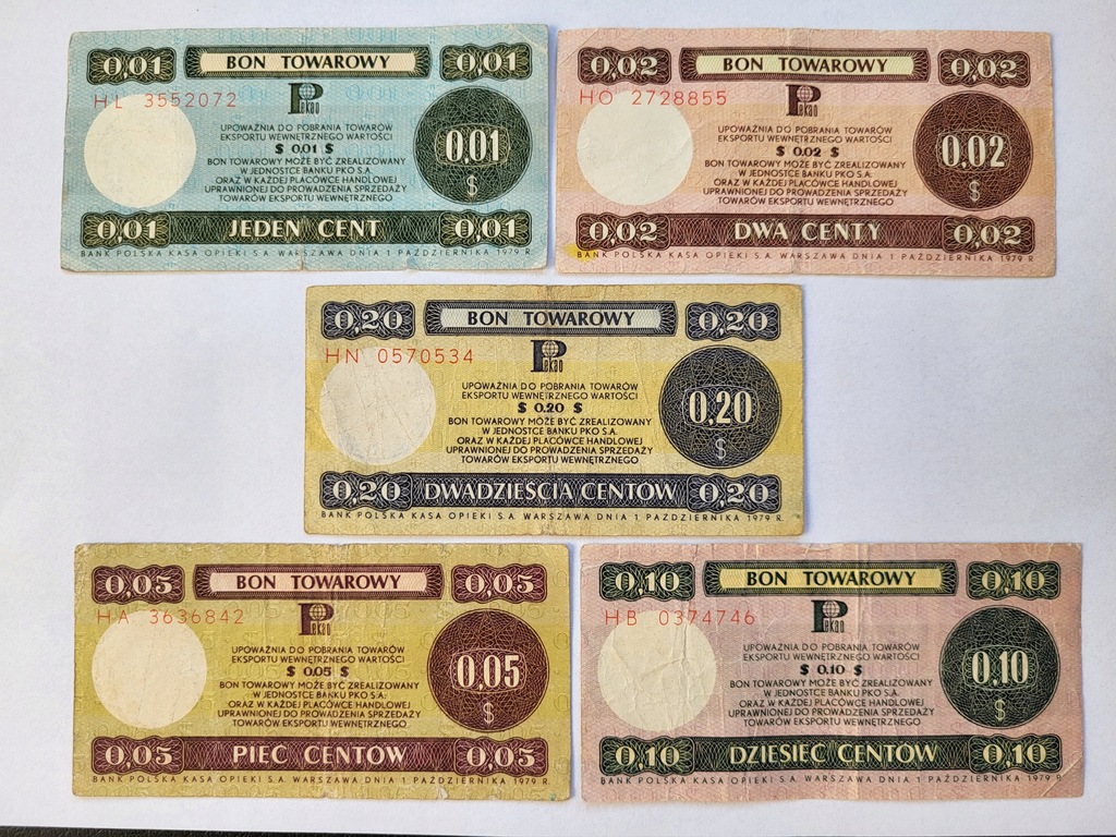 1 ,2, 5,10 i 20 centów zestaw 5 Bonów Rowar 1979r. - 12752652751 ...