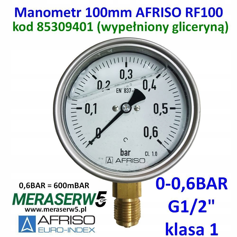 0-0,6BAR Manometr glicerynowy 100mm AFRISO klasa 1 - 9772886059 - oficjalne archiwum Allegro