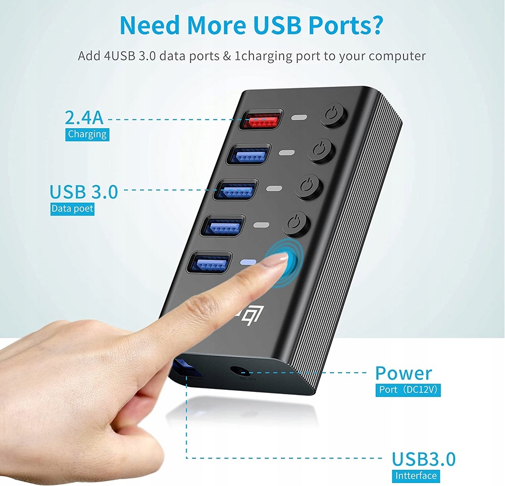 Aktywny HUB USB 3.0 zasilacz 24W (12V/2A) 5 portów - 12835621129 ...