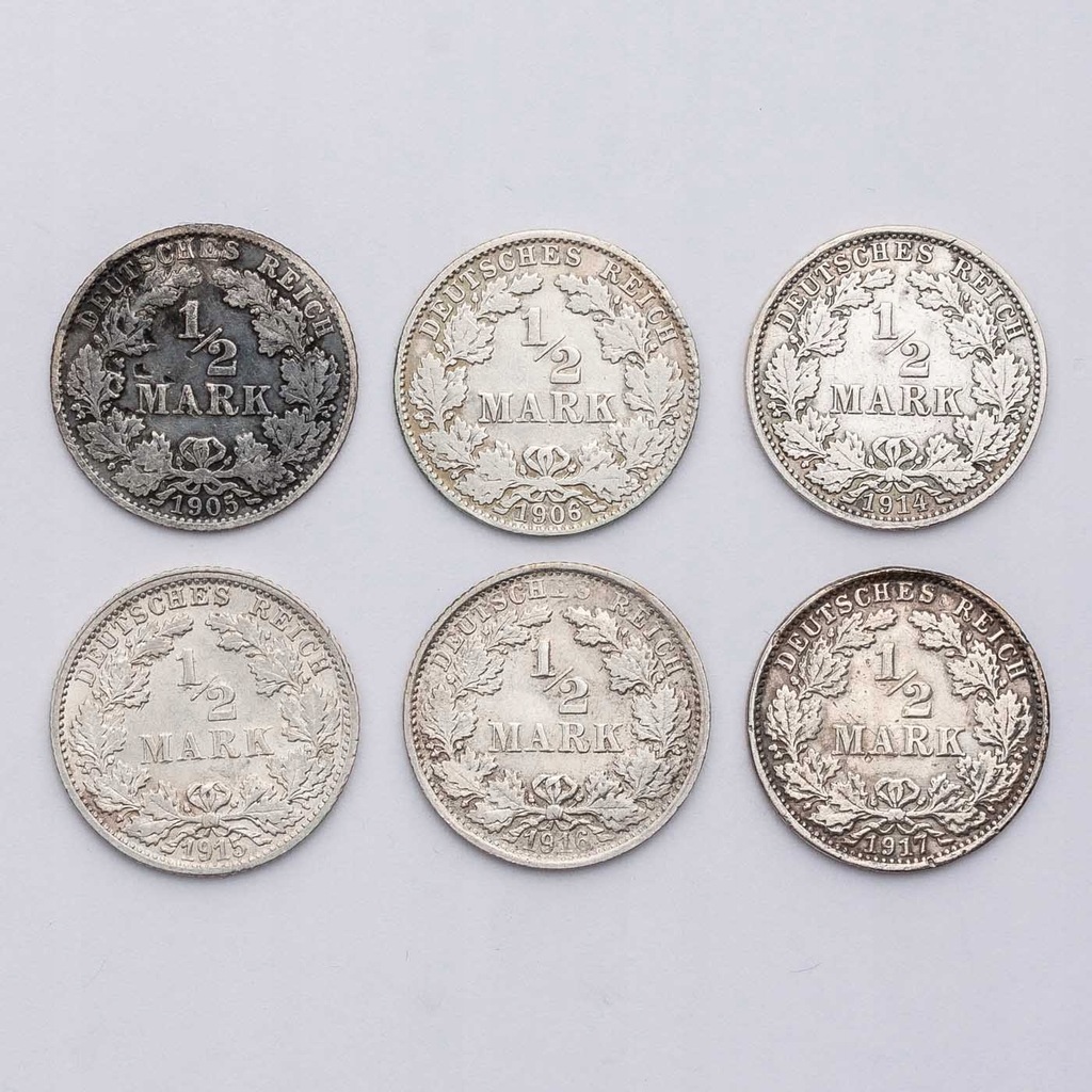 Niemcy, Deutsche Reich 1/2 Marki 1905 - 1917 r., Lot 6 Monet - 15192386097 - oficjalne archiwum ...