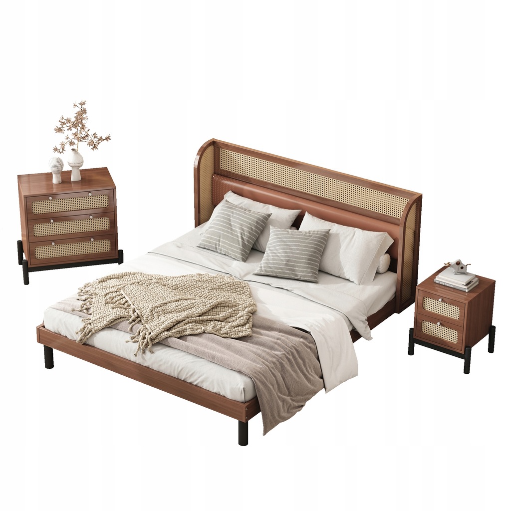 Podwójne łóżko rattanowe Łóżko podwójne 160x200+stolik nocny+komoda ...