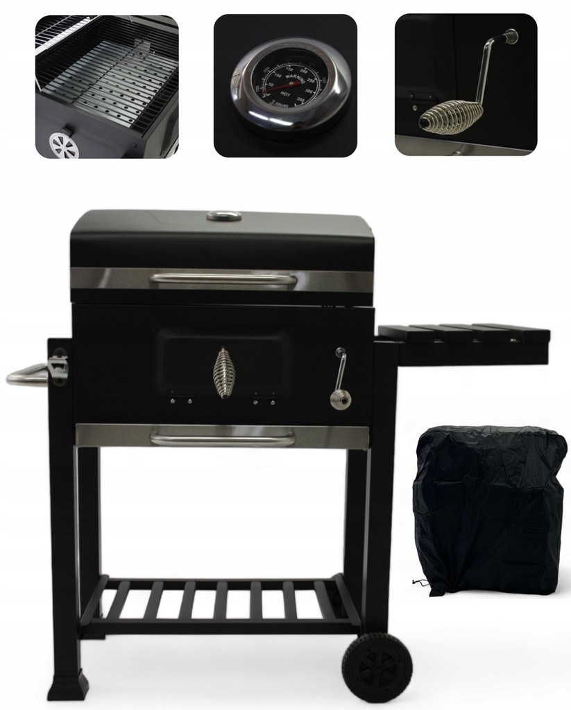 GRILL GRIL OGRODOWY WĘGLOWY GR001 POPIELNIK TERMOMETR XXL POKROWIEC ...