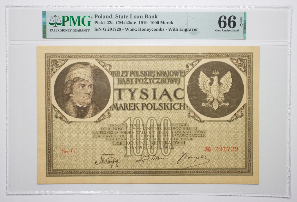 Polska 1000 marek 1919, ser. G, PMG 66 EPQ, 2-ga - 13416973340 - oficjalne archiwum Allegro