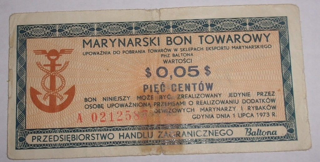 5 centów BALTONA marynarski bon towarowy 0,05 $ dolar PRL - banknot ...