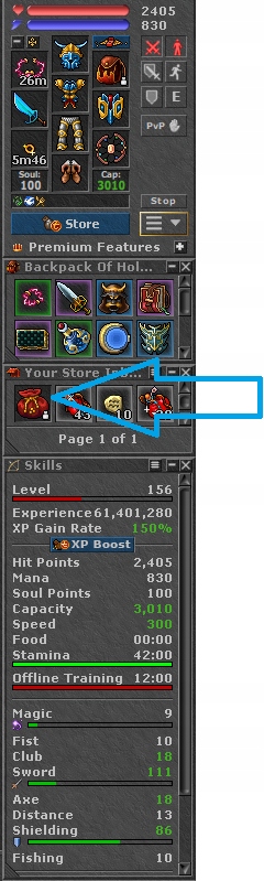 TIBIA 156 EK +111 SWORD+ GOLD POUCH + CHARM + BONA + EQ + FREE RK ...