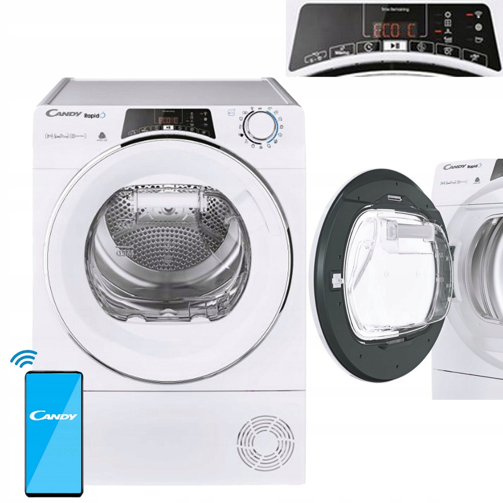 Suszarka Candy ROE H8A3TCEX-S 8kg A+++ POMPA WiFi - 11590250564 ...