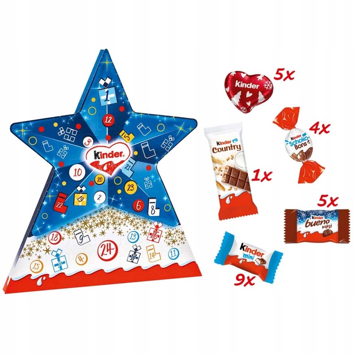 KINDER Mix Kalendarz Adwentowy z gwiazdą CZEKOLADKI STAR 24 szt. 149 g ...