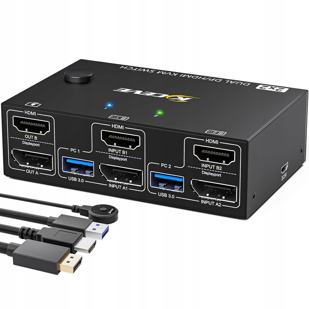 Przełącznik KVM USB 3.0 Port Displayport + HDMI 4k 60hz 2 monitory N863 ...
