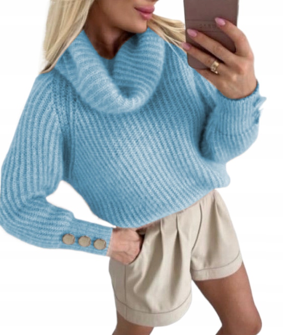 MODNY CIEPŁY GOLF SWETER KARDIGAN DAMSKI ZŁOTE GUZIKI PUCHATY NIEBIESKI ... MODNY CIEPŁY GOLF SWETER KARDIGAN DAMSKI ZŁOTE GUZIKI PUCHATY NIEBIESKI ...