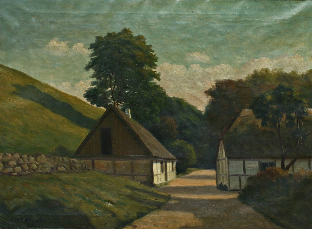 PEJZAŻ Z DOMAMI STARY OBRAZ OLEJNY NA PŁÓTNIE - 11540240705 - oficjalne ...