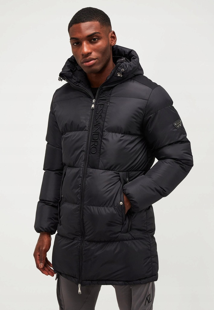 ALESSANDRO ZAVETTI OCIEPLANA CZARNA DŁUGA KURTKA Z KAPTUREM LOGO ZT9 ...