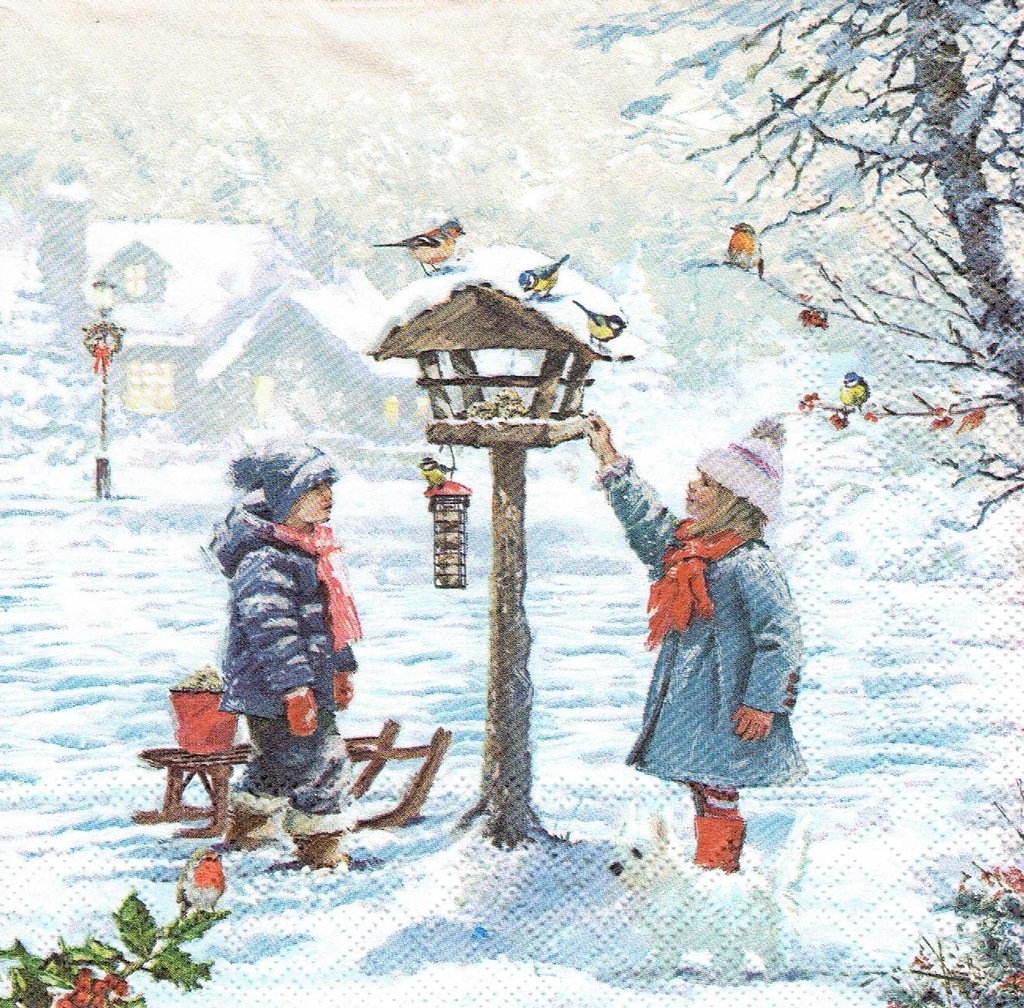Serwetka decoupage 17A Dzieci karmnik ptaki zima - 12649140544 - oficjalne archiwum Allegro