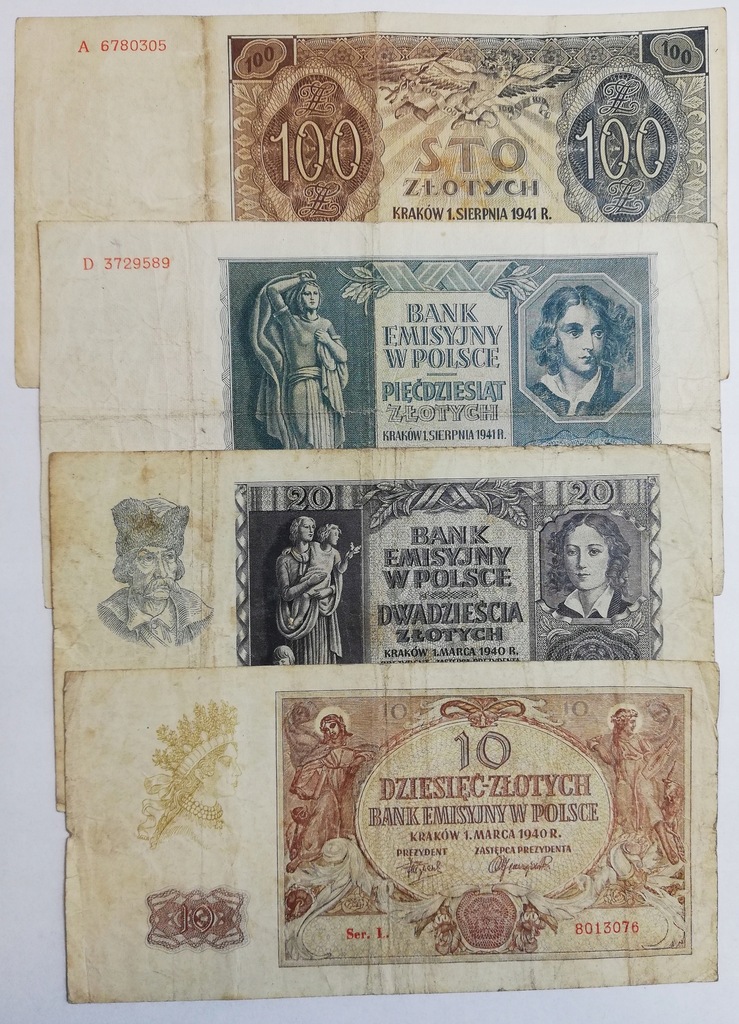 4 banknoty GENERALNA GUBERNIA ZESTAW 10 do 100 zł - 13385172030 ...