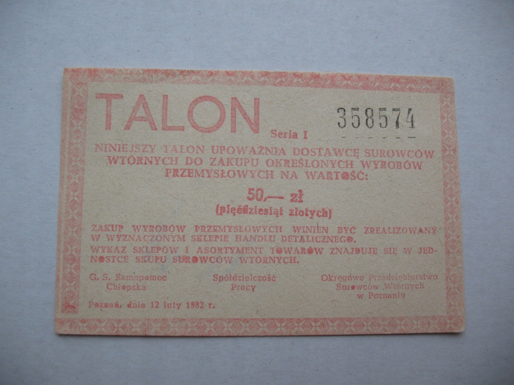 POZNAŃ TALON ZA SUROWCE WTÓRNE NA 50 ZŁ PRL 1982 - 14794272723 ...
