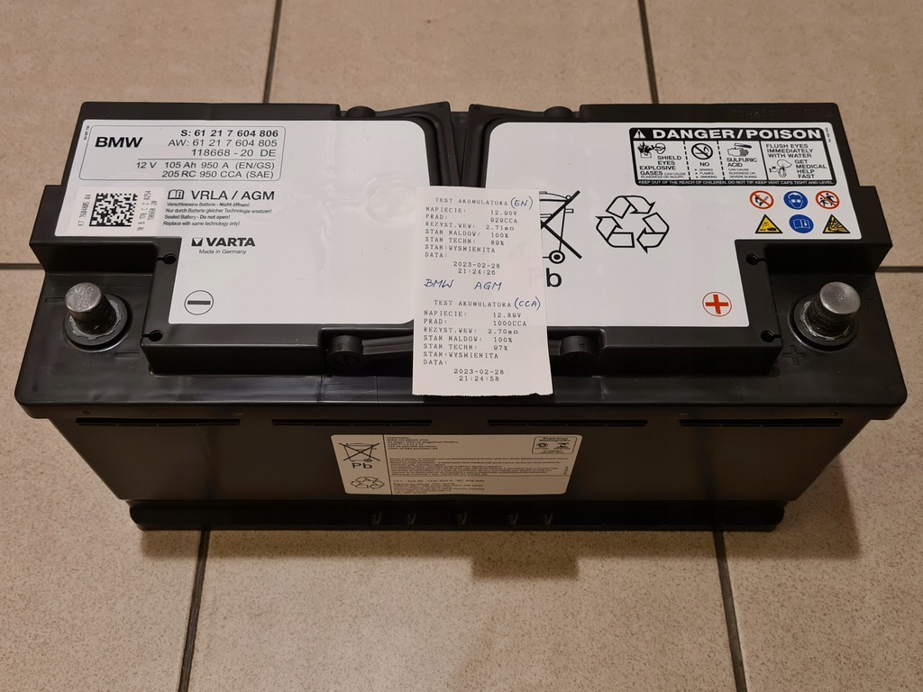 Akumulator BMW Varta AGM 105Ah 950A - ponad 90% - 13499950816 - oficjalne archiwum Allegro