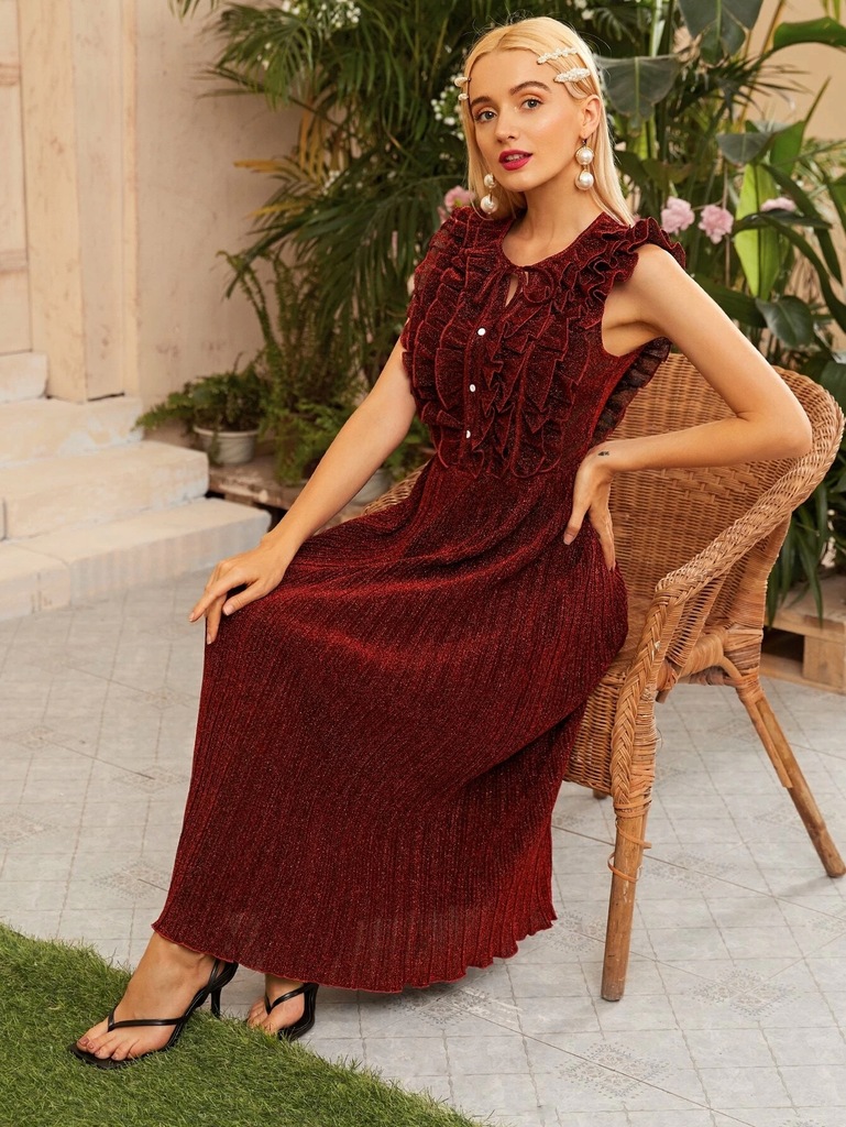 SHEIN Sukienka midi plisowana brokatowa burgundowa - 11731550724 - oficjalne archiwum Allegro