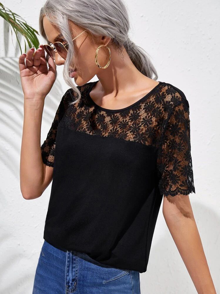 SHEIN CZARNA BLUZKA KRÓTKI RĘKAW KORONKA (S) - 13130310605 - oficjalne archiwum Allegro