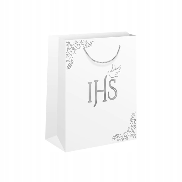 Torebka na prezenty komunijna IHS biało-srebrna - 13273870726 - oficjalne archiwum Allegro