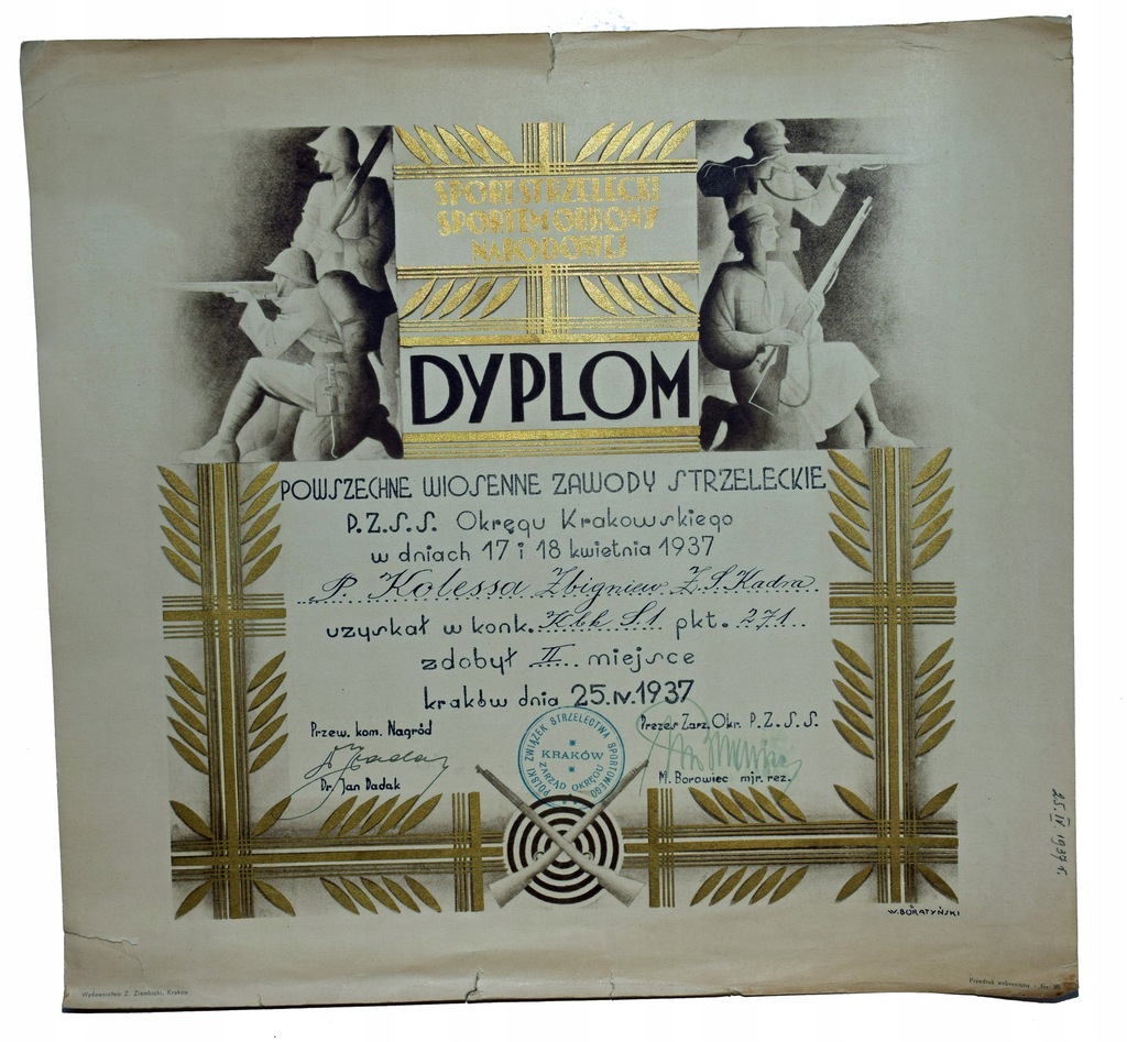 Dyplom strzelecki za strzelanie z kbk Kraków 1937 - 13650222513 - oficjalne archiwum Allegro