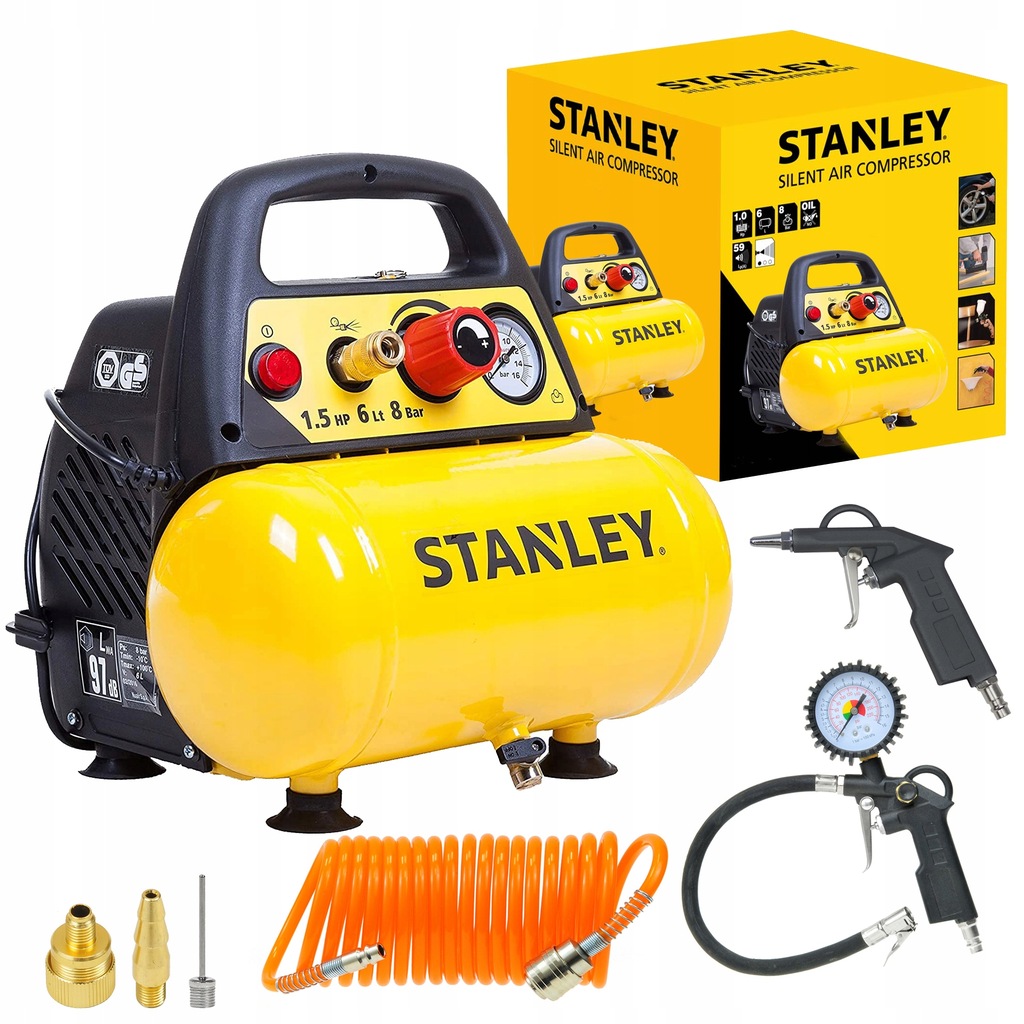 KOMPRESOR BEZOLEJOWY 6L STANLEY + ZESTAW 6 SZT - 13317764560 - oficjalne archiwum Allegro