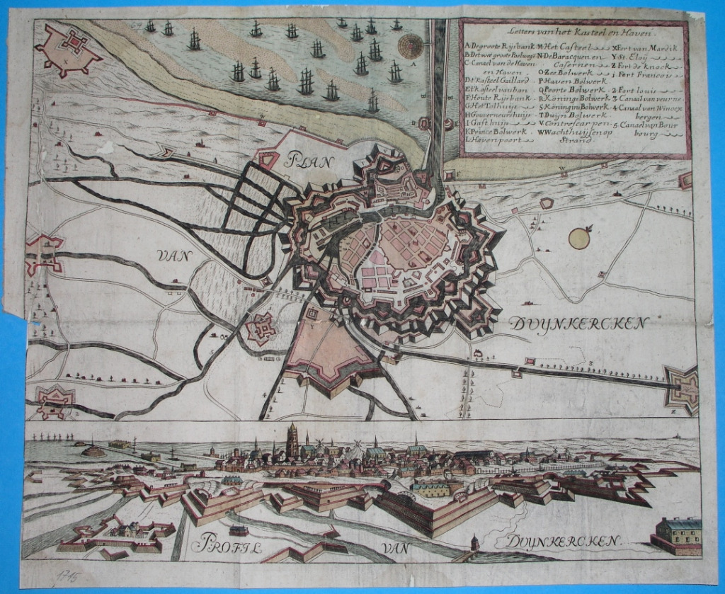1715 MAPA DUNKIERKA plan miasta panorama twierdza FRANCJA ORYGINAŁ duży ...