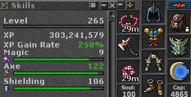 TIBIA 265 ELITE KNIGHT, 113 AXE, BONA, FULL EQ + 1KK GOLD, 2 CHARMY ...