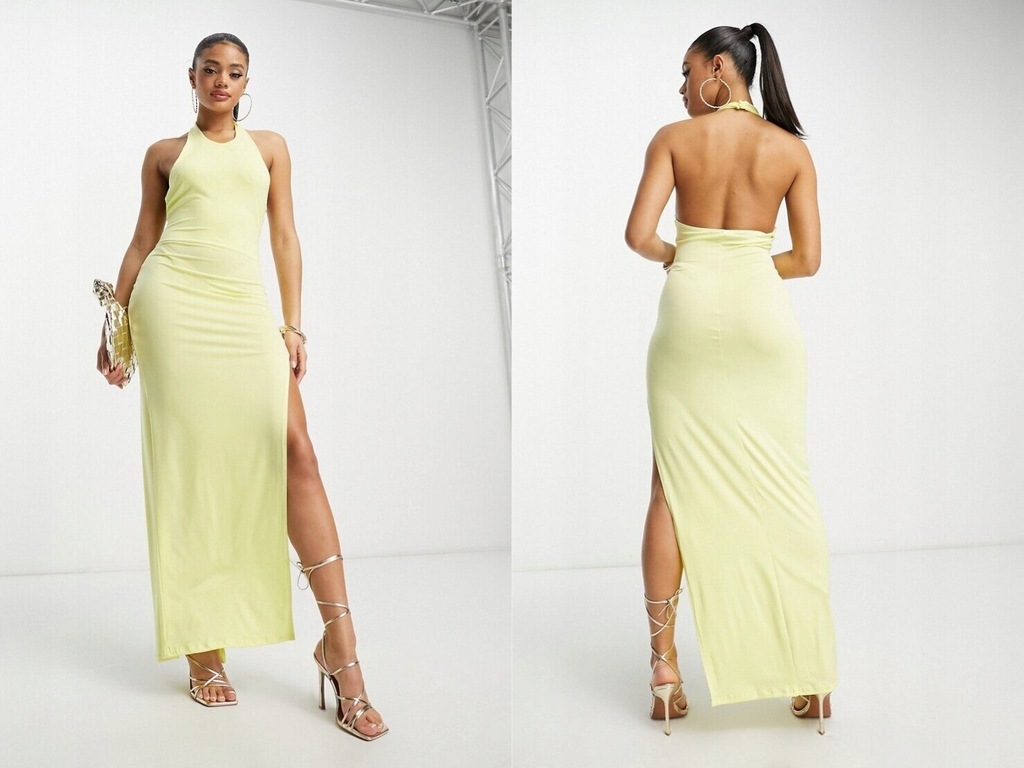 First Distraction Żółta sukienka maxi z rozcięciem z przodu M ...