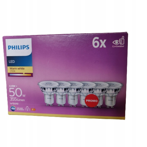 6x Żarówka LED Philips GU10 4,6W = 50W 2700K 355lm - 11421308222 - oficjalne archiwum Allegro