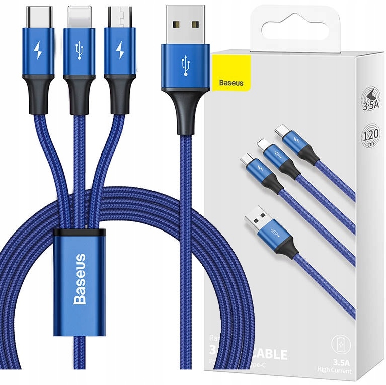 Mocny Kabel 3w1 Baseus USB-C LIGHTNING MICRO 120cm - 12383217413 - oficjalne archiwum Allegro