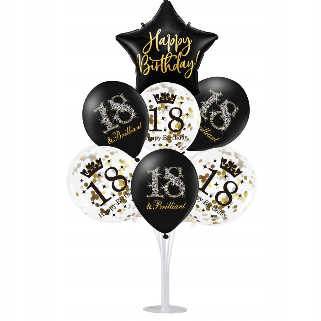 BALONY NA 18 URODZINY CZARNO ZŁOTE + STOJAK ZESTAW - 11922966337 - oficjalne archiwum Allegro