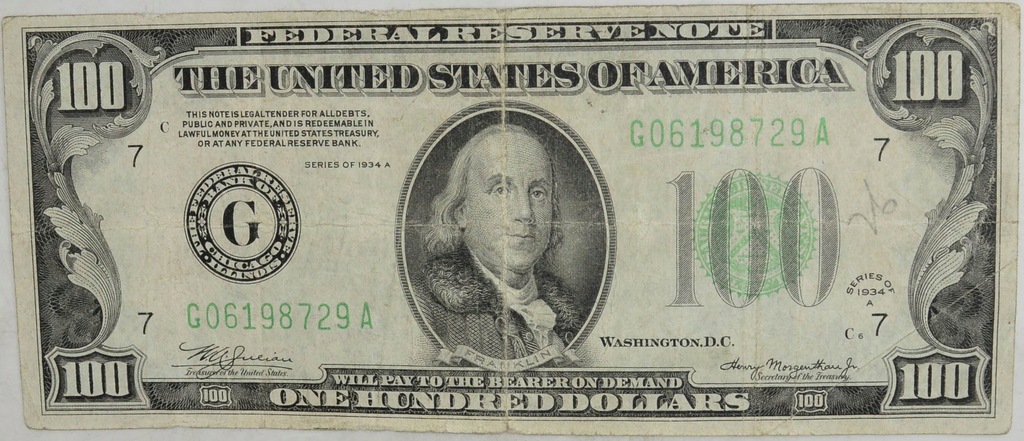 16.di.USA, 100 Dol.1934 A FR NOTE rzadki, St.3+ - 16020548193 ...