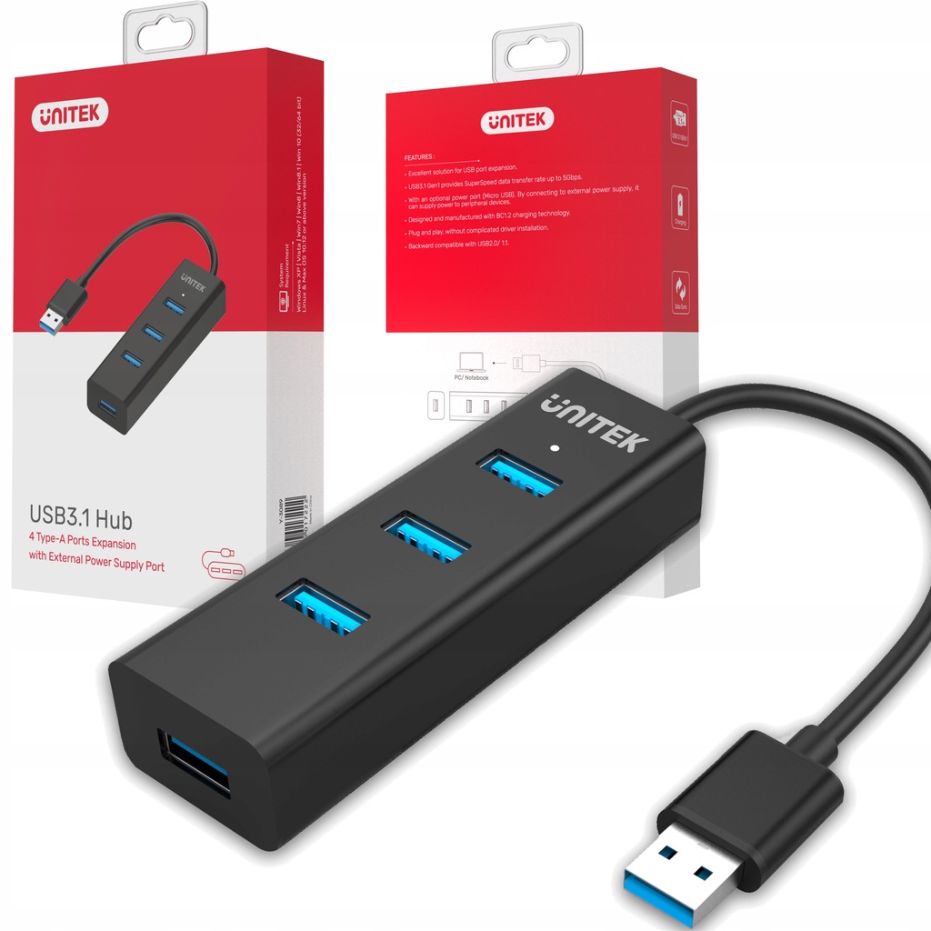 HUB AKTYWNY USB 3.0 UNITEK Y-3089 4 PORTY 5 Gb/s - 11590312840 ...
