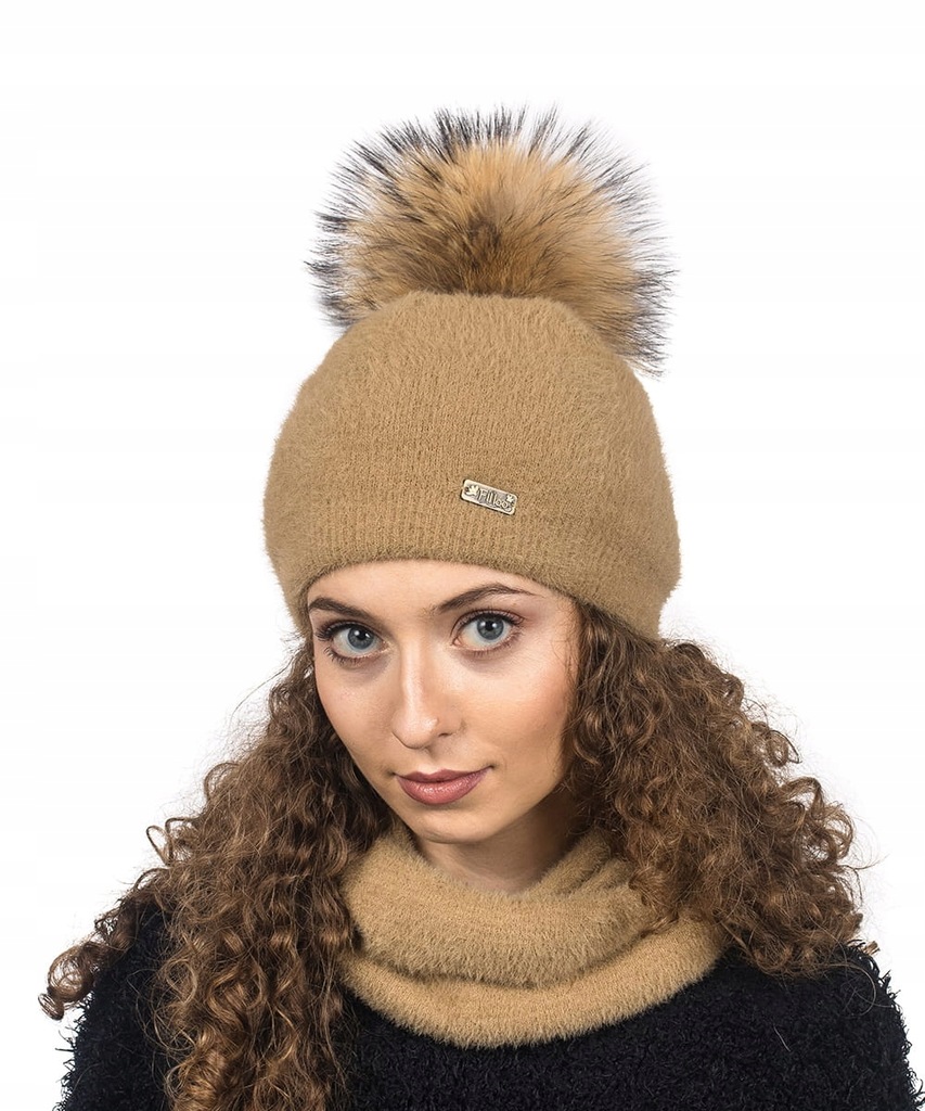 Camel Czapka Damska Alpaka Naturalny Pompon JENOT - 12974331802 ...