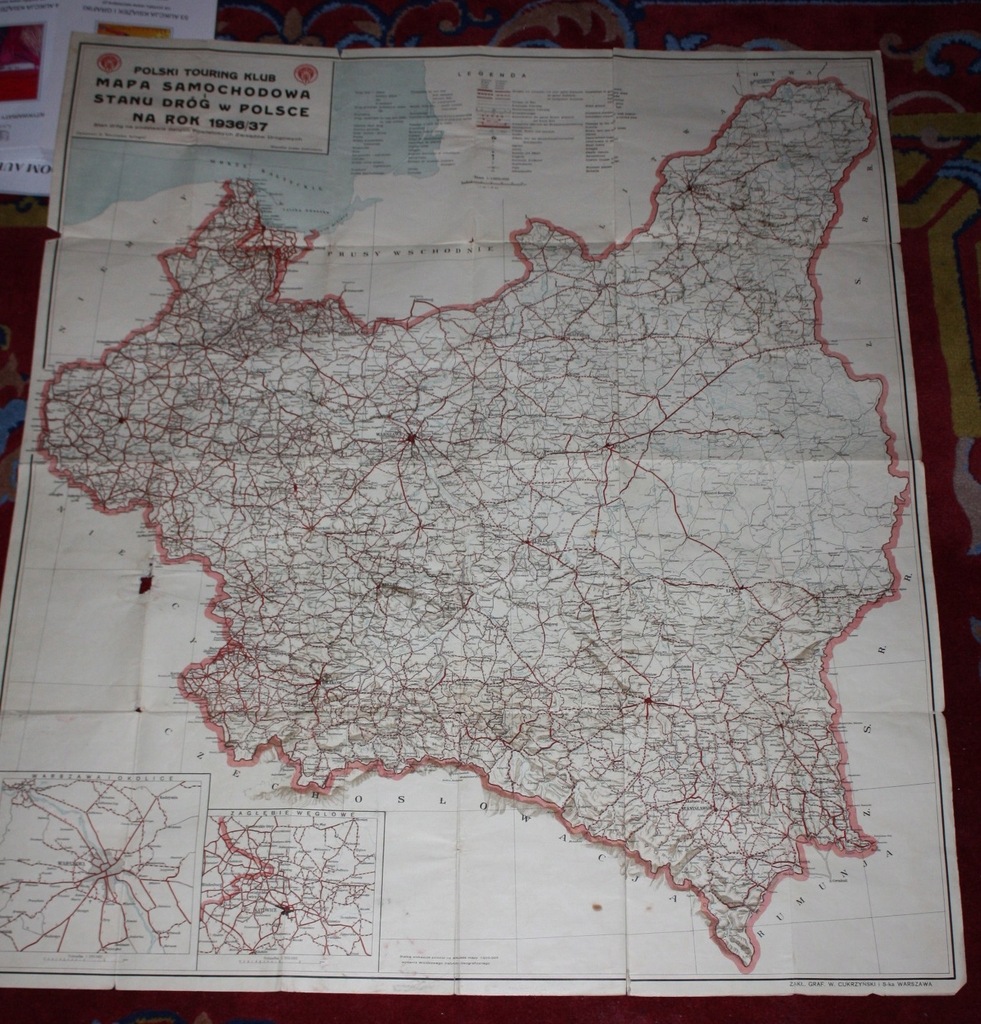 Mapa Polski samochodowa 1936/37 r 96x84 cm orginał - 12864935045 ...