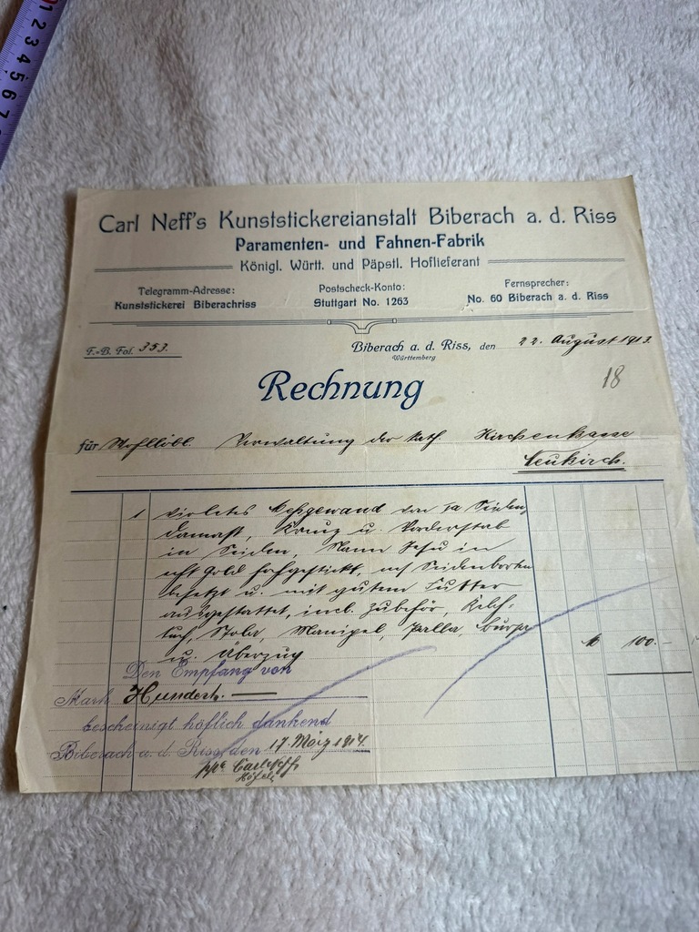 Rachunek, z 1913 r Carl Neff, Fabryka Szat i Flag, kwit dla kościoła ...
