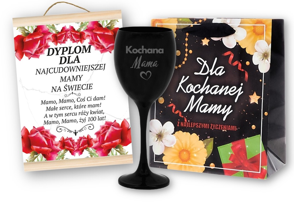 Gotowy PREZENT na Dzień Mamy - Zestaw Czarny Kieliszek, Dyplom, Torebka - 15584009187 ...