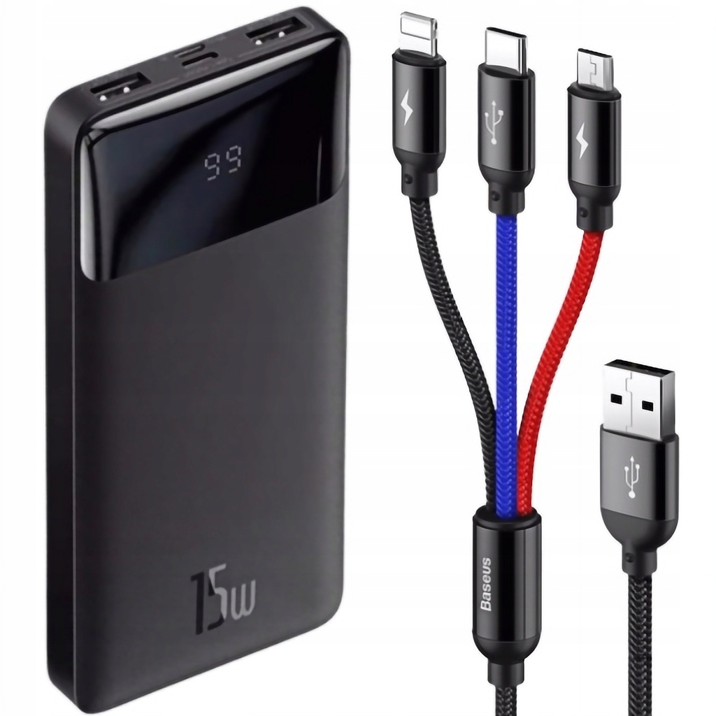 BASEUS ZESTAW SZYBKI POWERBANK 10000MAH USB-C 15W + KABEL 3W1 UNIWERSALNY - 14324238218 ...