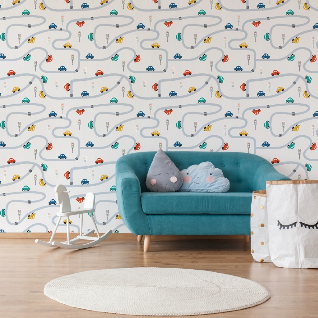 Tapeta dla Dzieci Mini AUTKA Droga Znaki Rysunek - 12409979285 ...